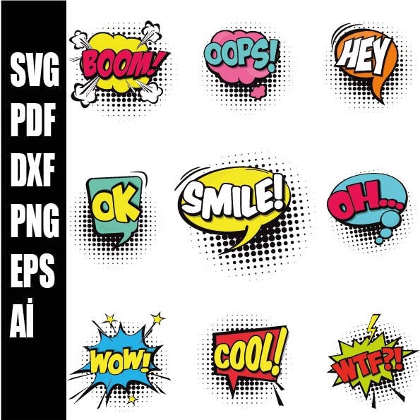 Colorful Comic Speech Bubbles SVG Speech Bubble Pop Art, Retro Speech ...