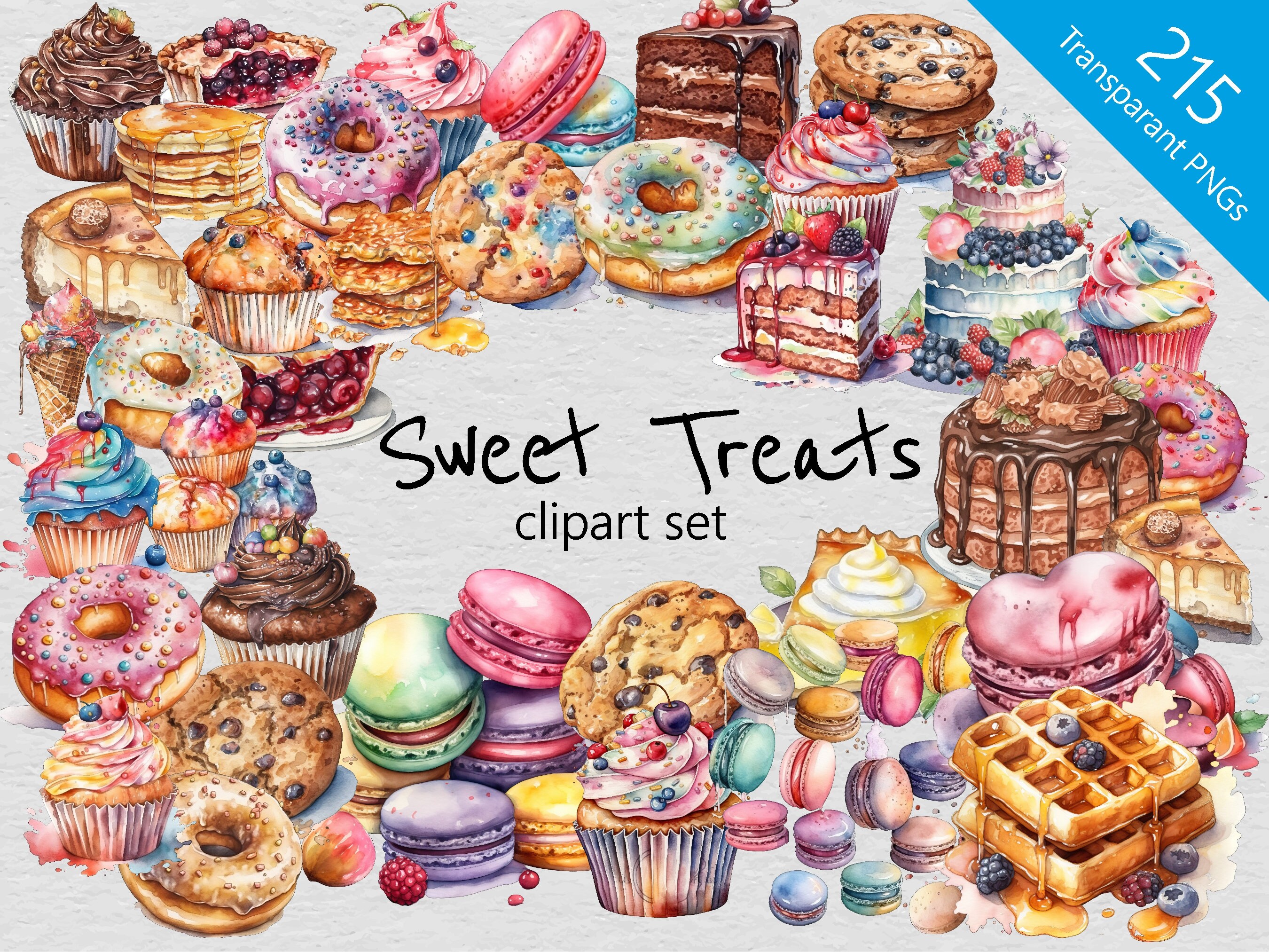 Sweet Treats Watercolour Mega Clip Art Set- 215 Designs - Transparent ...
