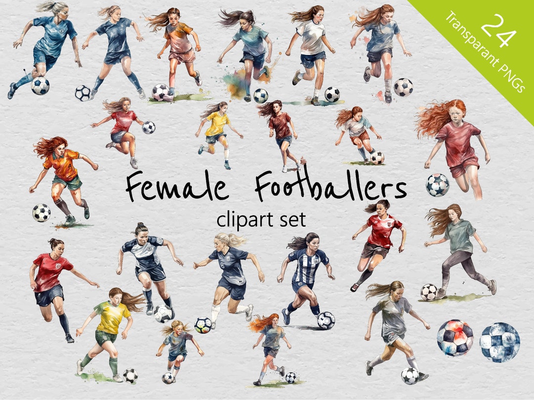 Female Footballers Watercolour Clip Art Set- 24 Designs - Transparent ...