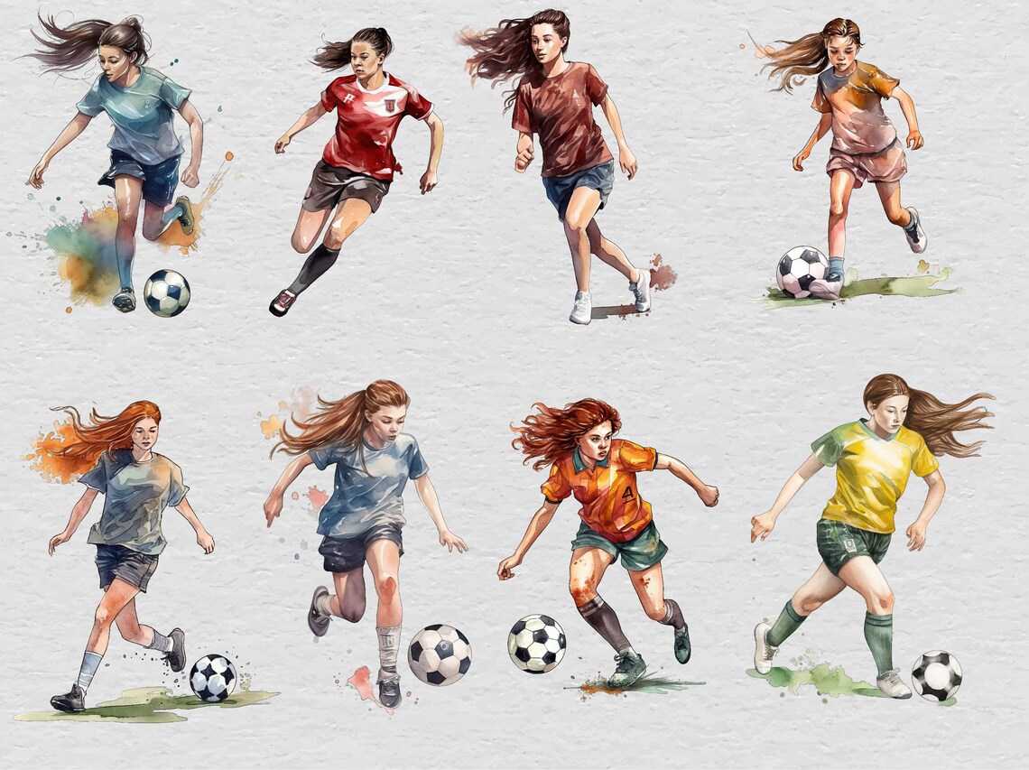 Female Footballers Watercolour Clip Art Set- 24 Designs - Transparent ...