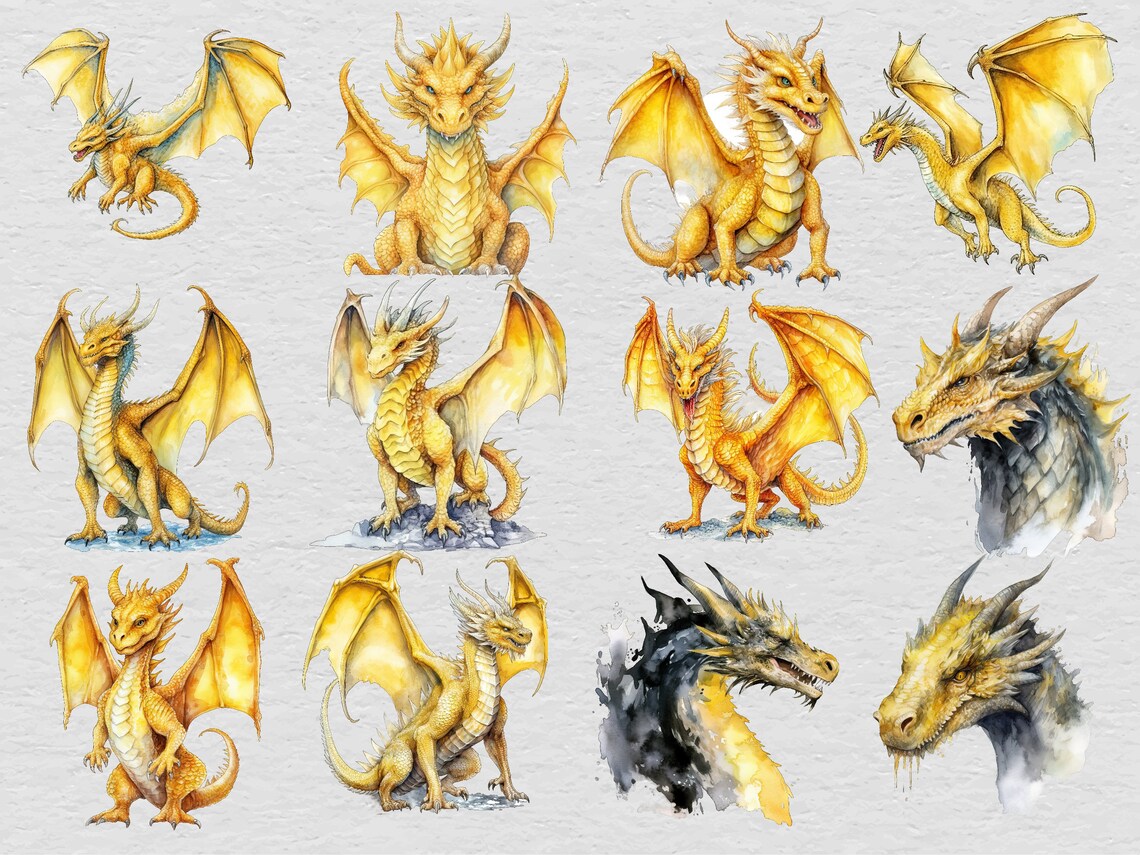 Yellow Dragons Watercolour Clip Art Set 32 Designs Transparent PNG ...