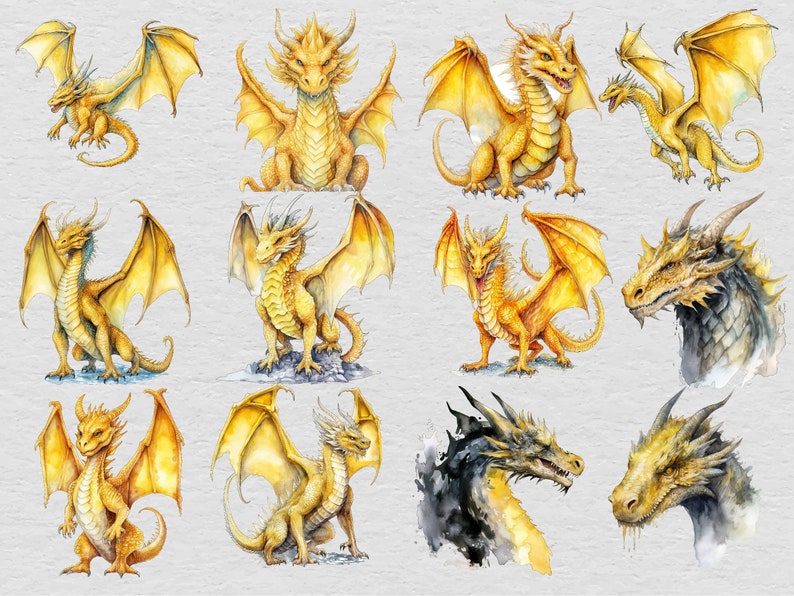 Yellow Dragons Watercolour Clip Art Set 32 Designs Transparent PNG ...