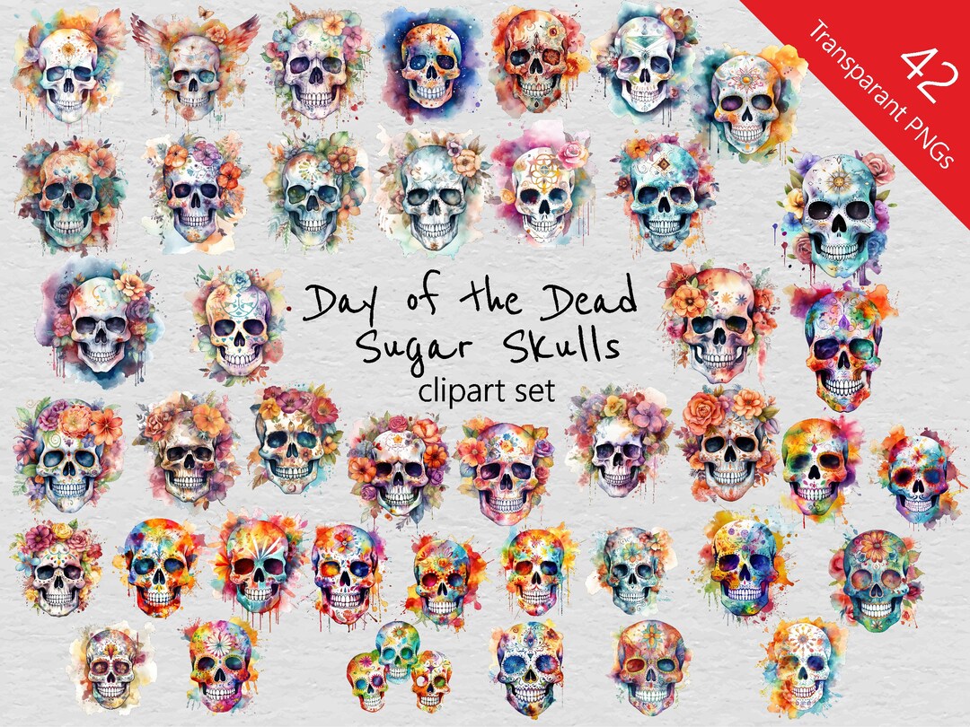 Sugar Skull Watercolour Clip Art - 42 Designs - Transparent PNG ...