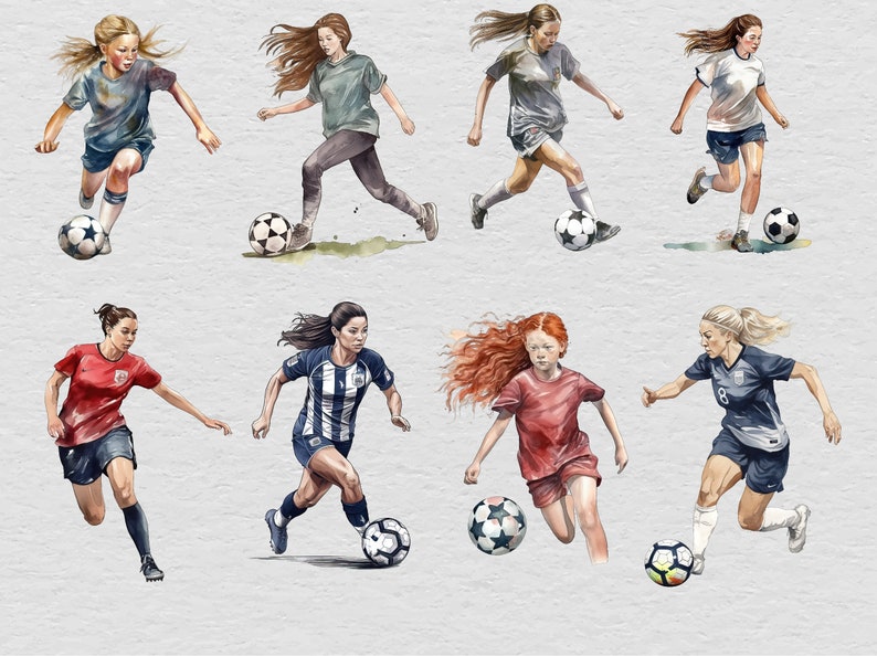 Female Footballers Watercolour Clip Art Set- 24 Designs - Transparent ...