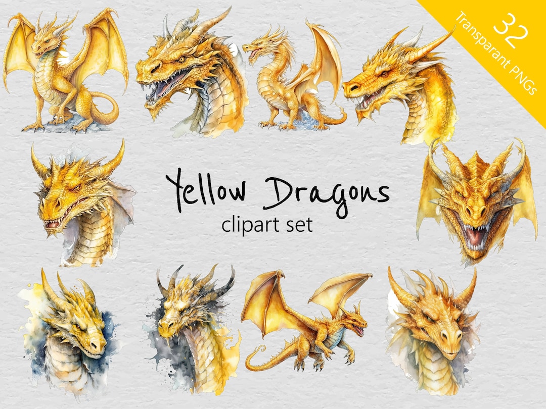 Yellow Dragons Watercolour Clip Art Set 32 Designs Transparent PNG ...