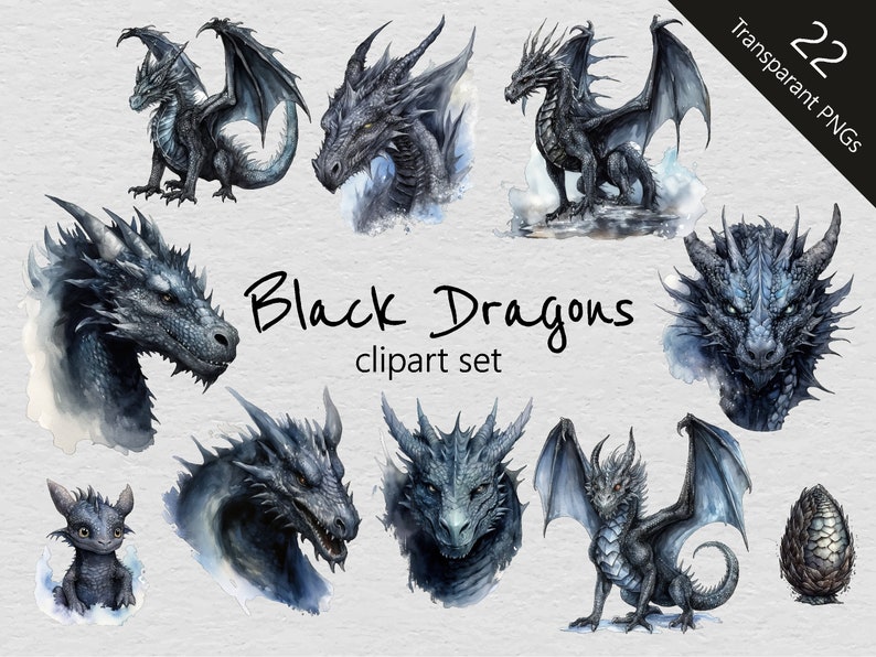 Black Dragons Watercolour Clip Art Set- 22 Designs - Transparent PNG ...