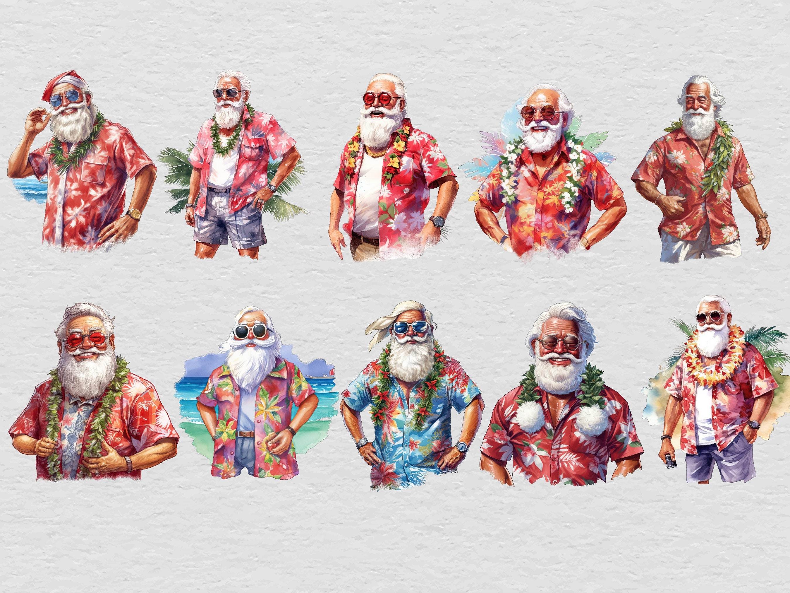 Santa on Vacation Watercolour Clip Art Set- 20 Designs - Transparent ...
