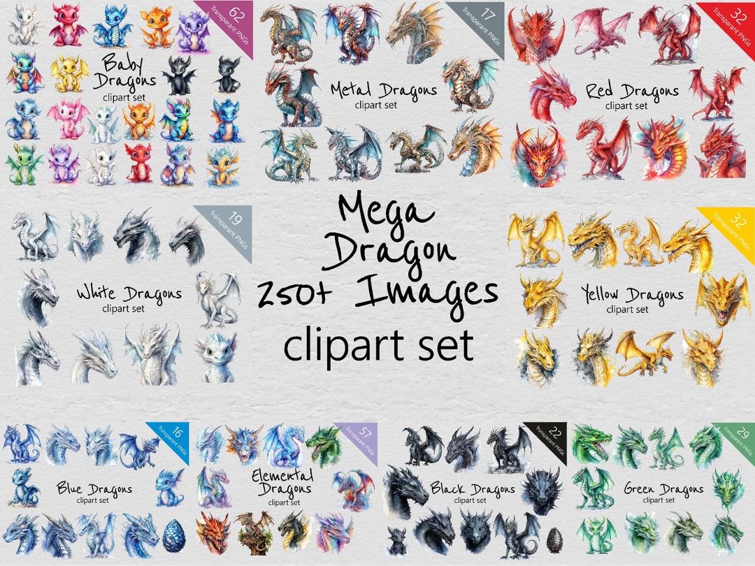 Mega Dragons Watercolour Clip Art Set- 250+ Designs - Transparent PNG ...