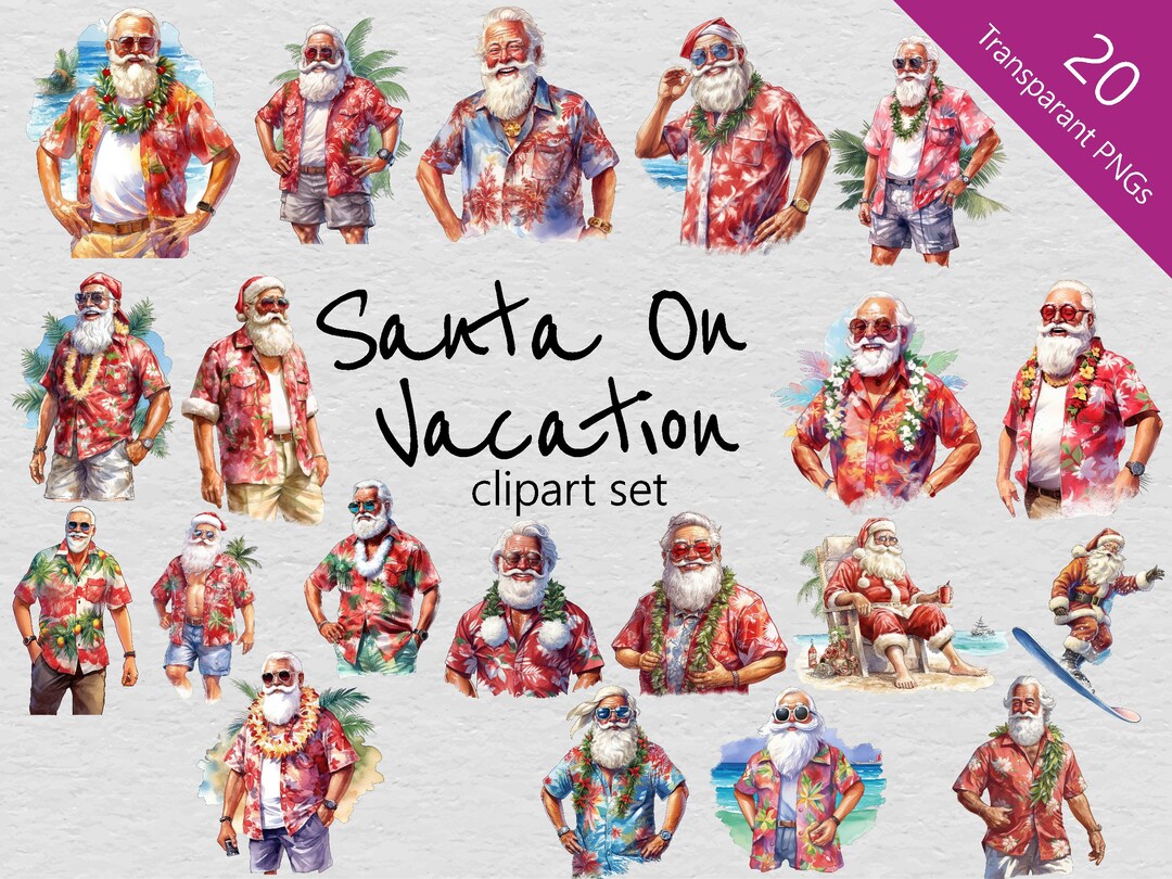 Santa on Vacation Watercolour Clip Art Set- 20 Designs - Transparent ...