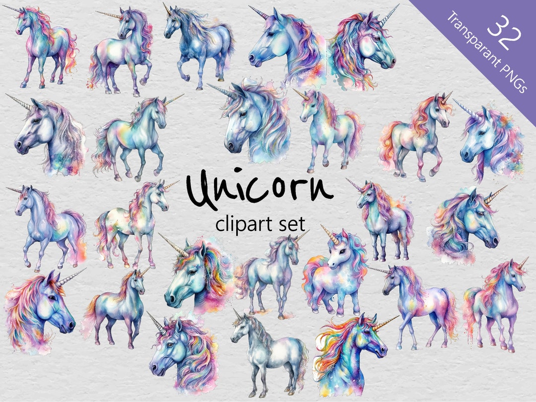 Unicorn Watercolour Clip Art Set 32 Designs Transparent PNG Commercial ...