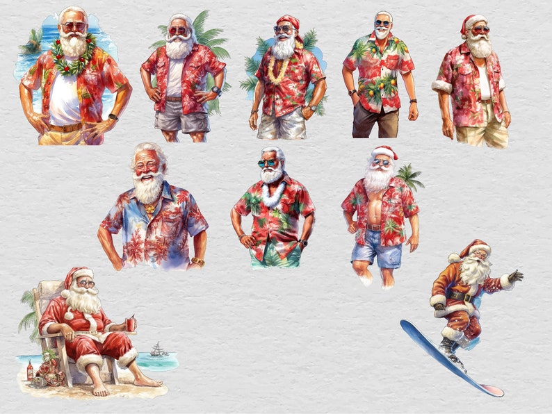 Santa on Vacation Watercolour Clip Art Set- 20 Designs - Transparent ...
