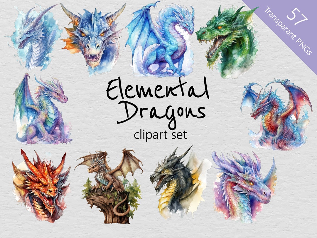 Elemental Dragons Watercolour Clip Art Set- 57 Designs - Transparent ...