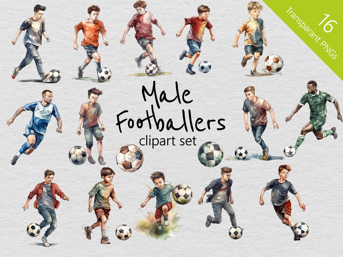Male Footballers Watercolour Clip Art Set 16 Designs Transparent PNG ...
