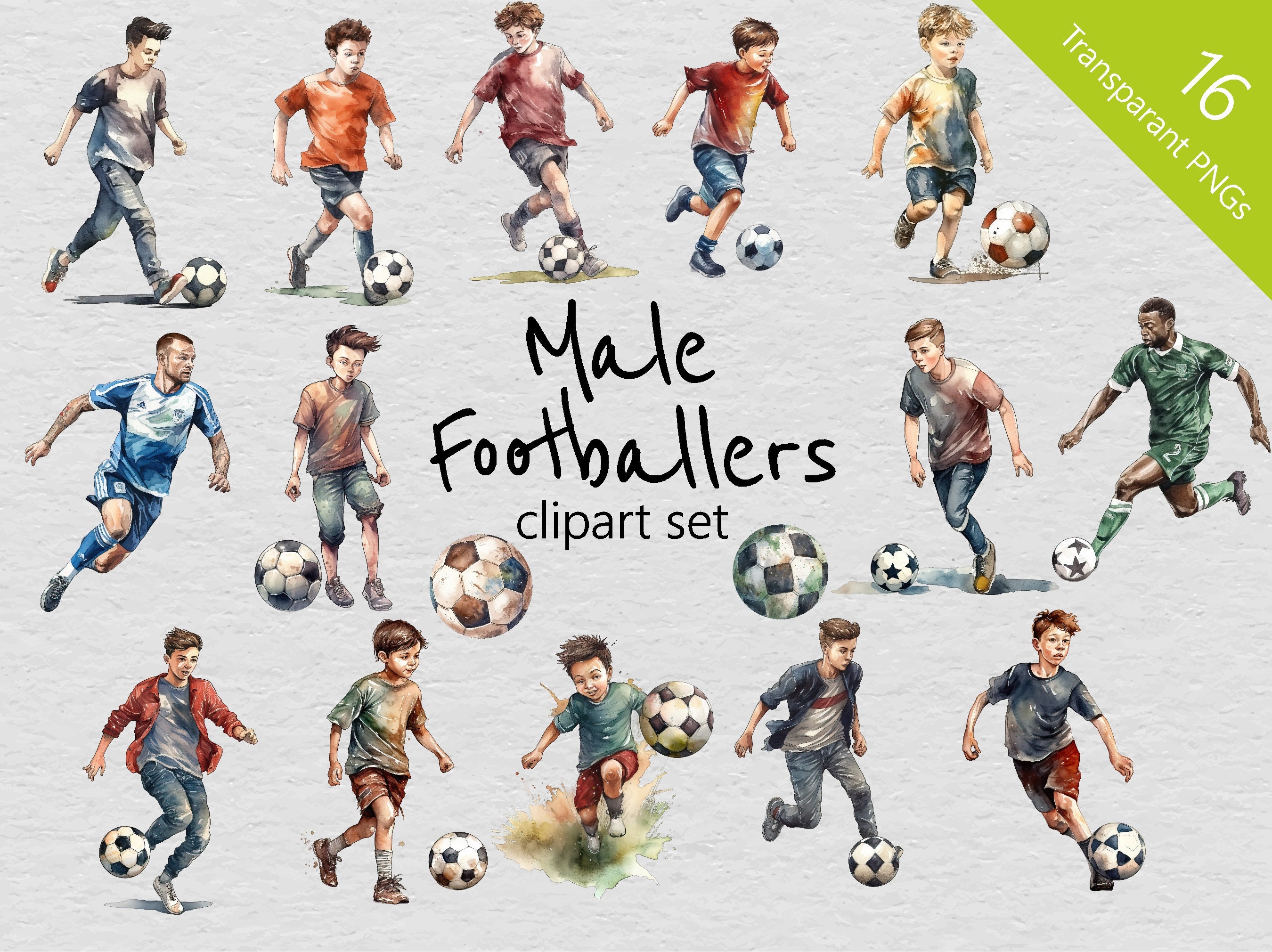 Male Footballers Watercolour Clip Art Set- 16 Designs - Transparent PNG ...