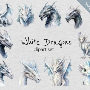 White Dragons Watercolour Clip Art Set- 19 Designs - Transparent PNG ...