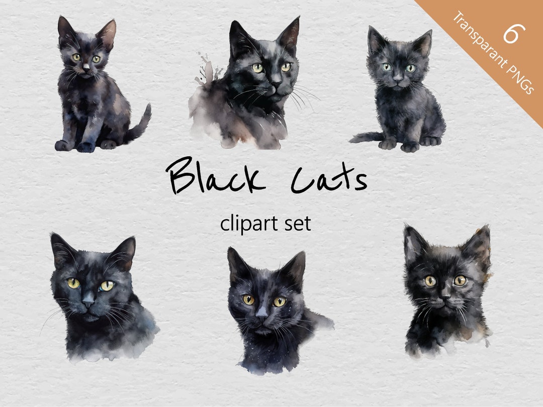Black Cats Watercolour Clip Art Set - Set of 6 Designs - Transparent ...