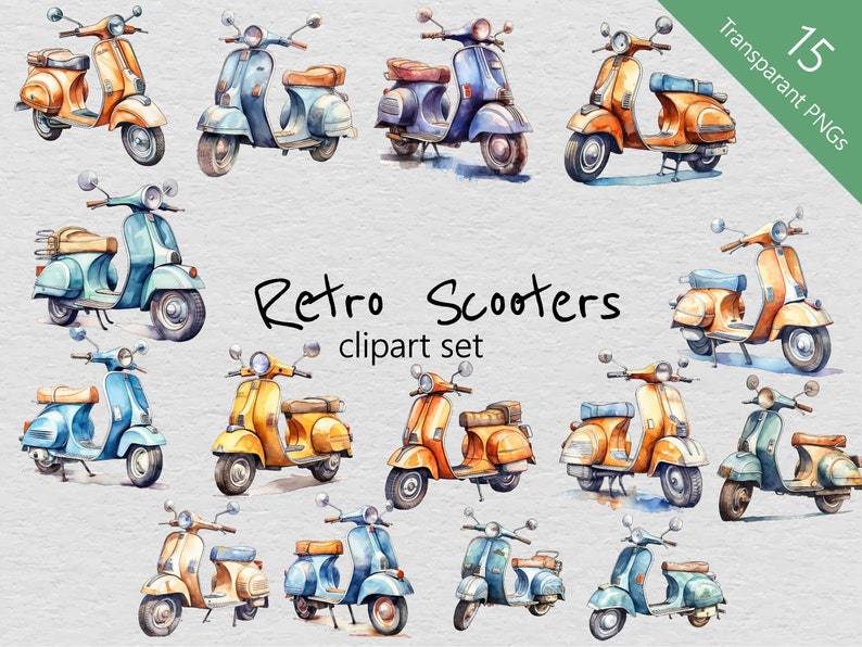 Retro Scooter Watercolour Clip Art Set- 15 Designs - Transparent PNG ...