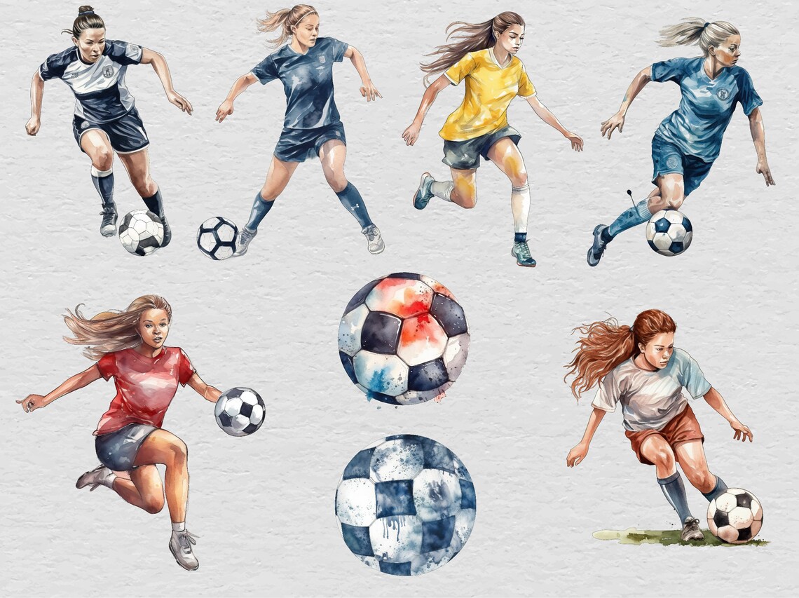 Female Footballers Watercolour Clip Art Set- 24 Designs - Transparent ...