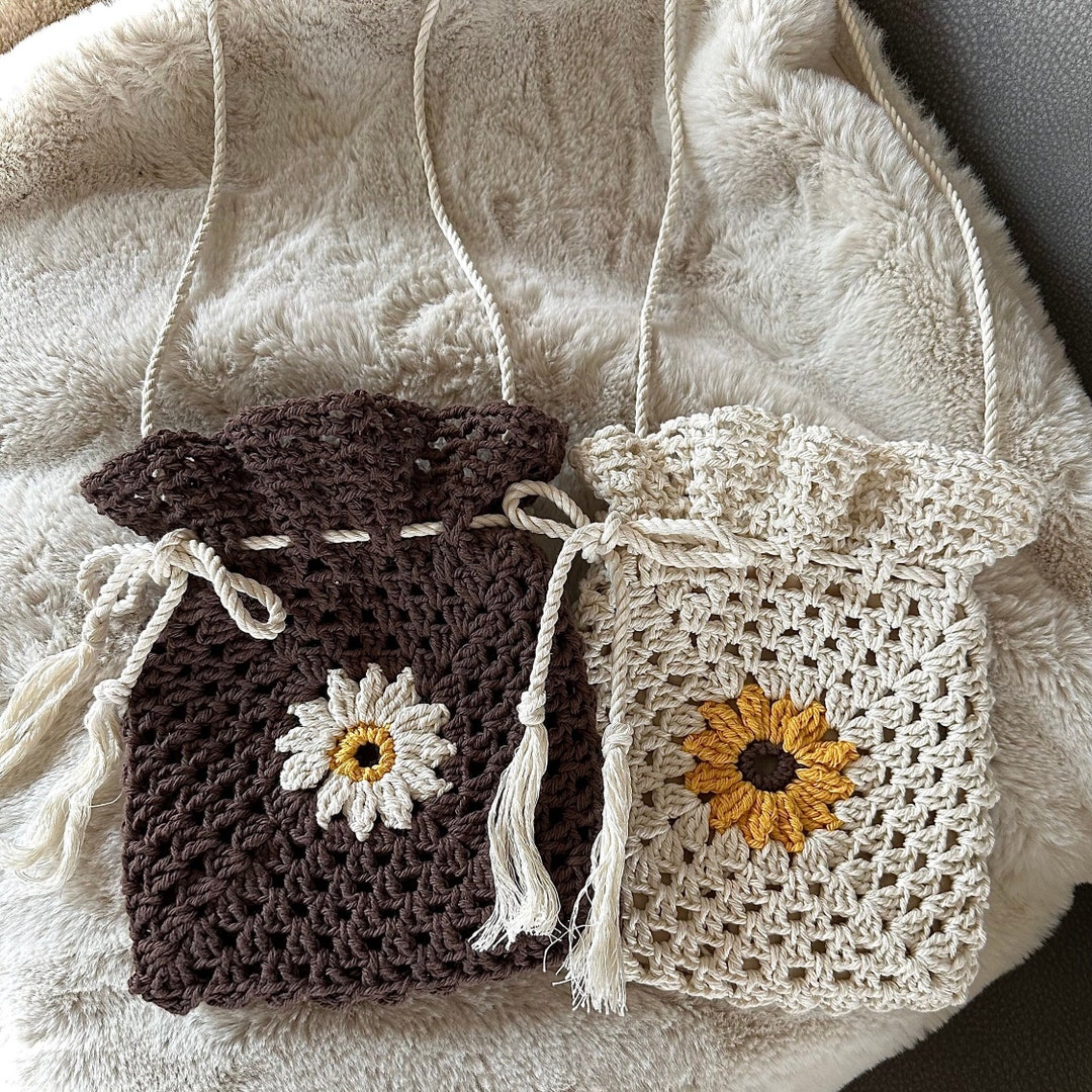 Crochet Flower Drawstring Bag - Etsy