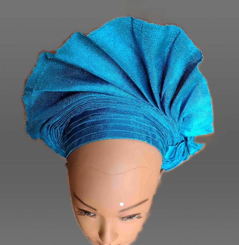 Autogele Aso Oke Fabric, Traditional Gele in Turquoise Blue Color ...