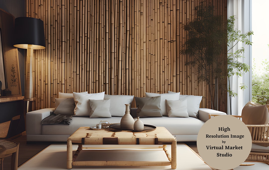 Zoom Virtual Backgrounds | Stylish Bamboo Wood Theme Living Room ...
