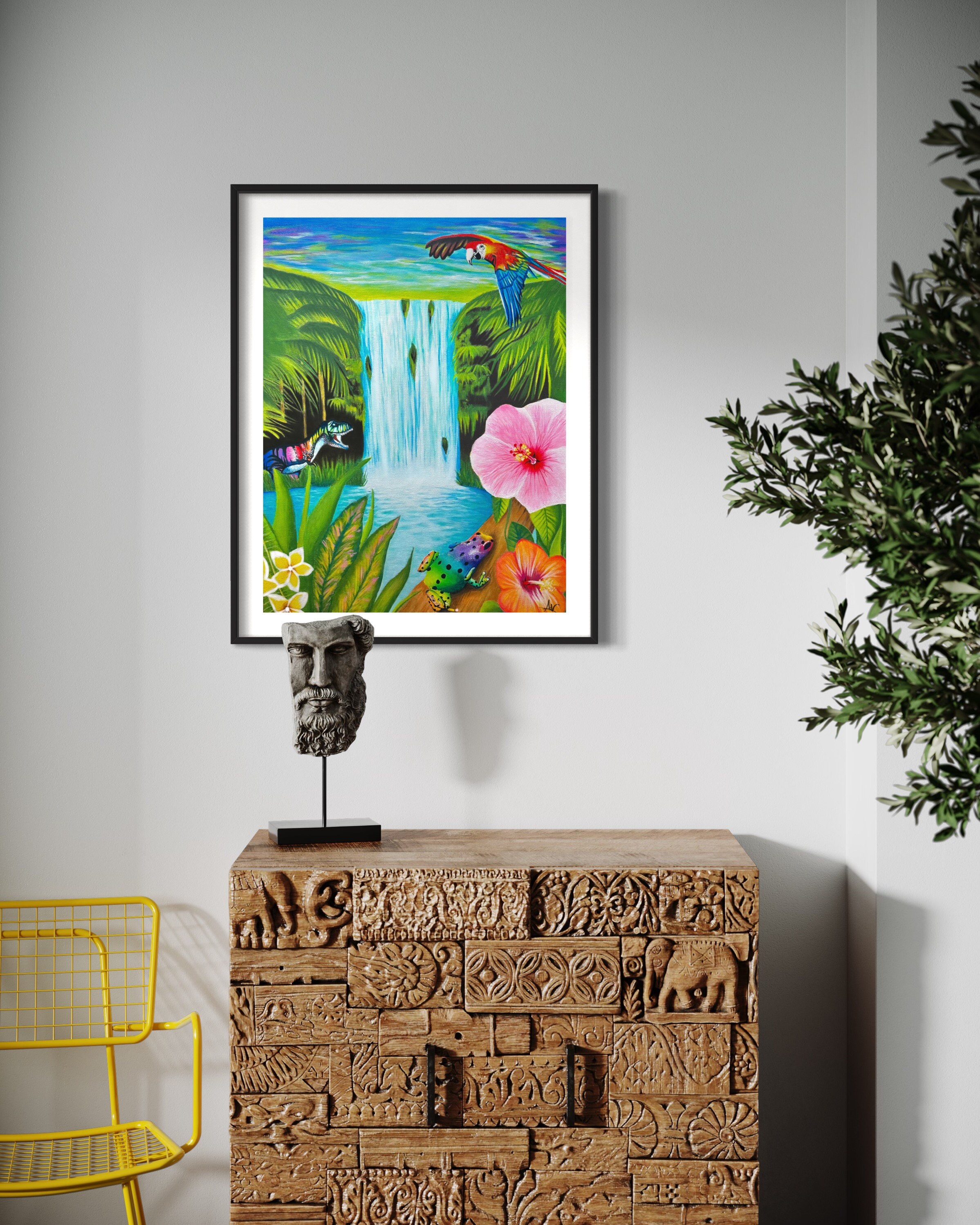 Tropical Rainforest Waterfall Art Print, Colorful Art, Wall Art, Fine ...