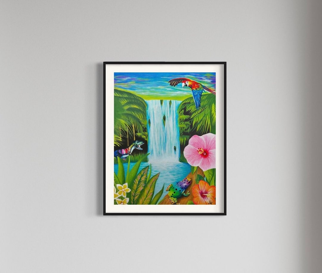 Tropical Rainforest Waterfall Art Print, Colorful Art, Wall Art, Fine ...