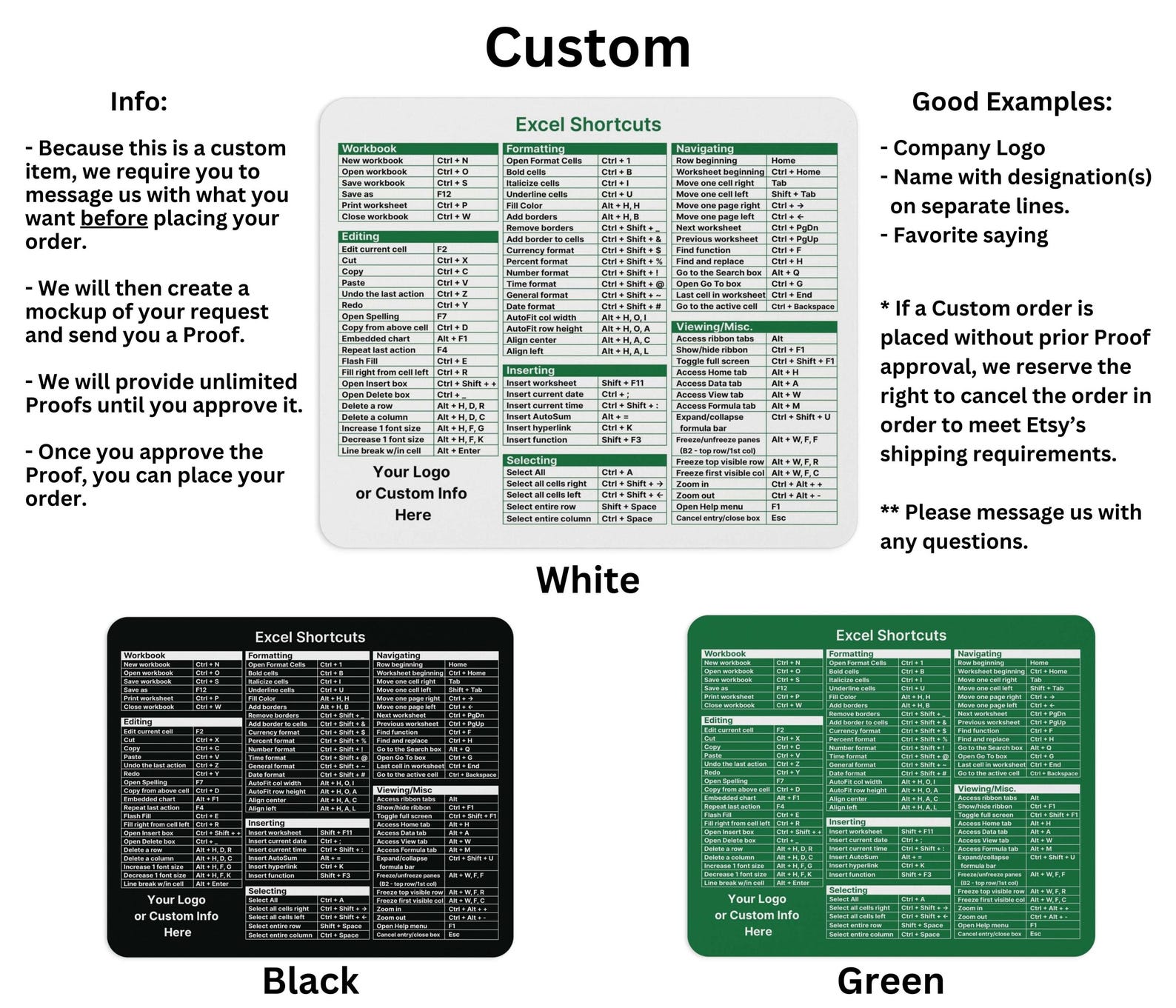 Excel Shortcuts Mouse Pad, Personalized Options, Keyboard Shortcuts ...