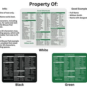 Excel Shortcuts Mouse Pad, Personalized Options, Keyboard Shortcuts ...