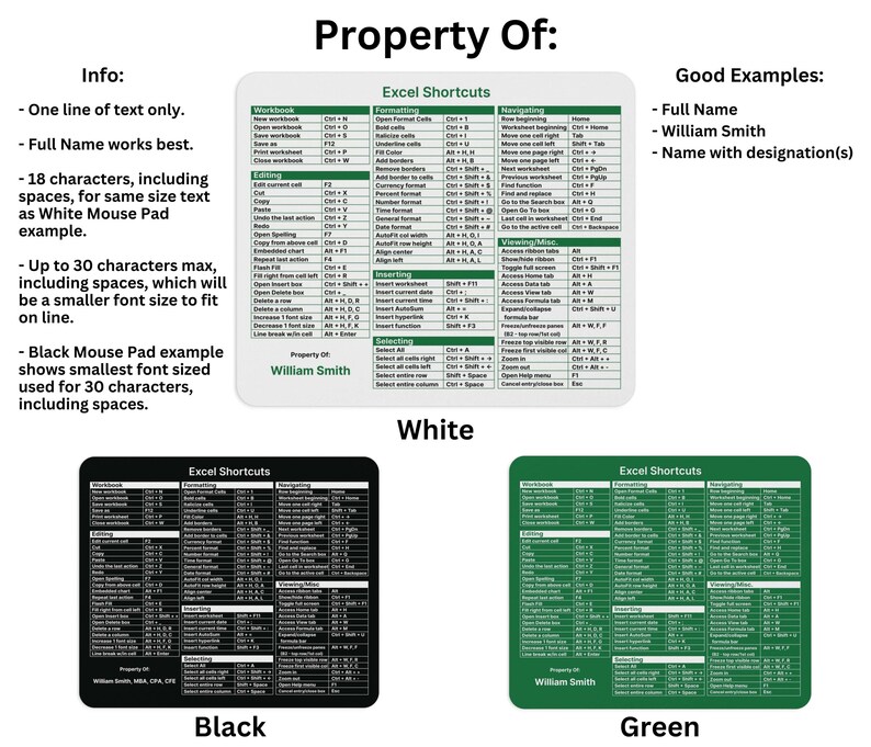 Excel Shortcuts Mouse Pad, Personalized Options, Keyboard Shortcuts ...