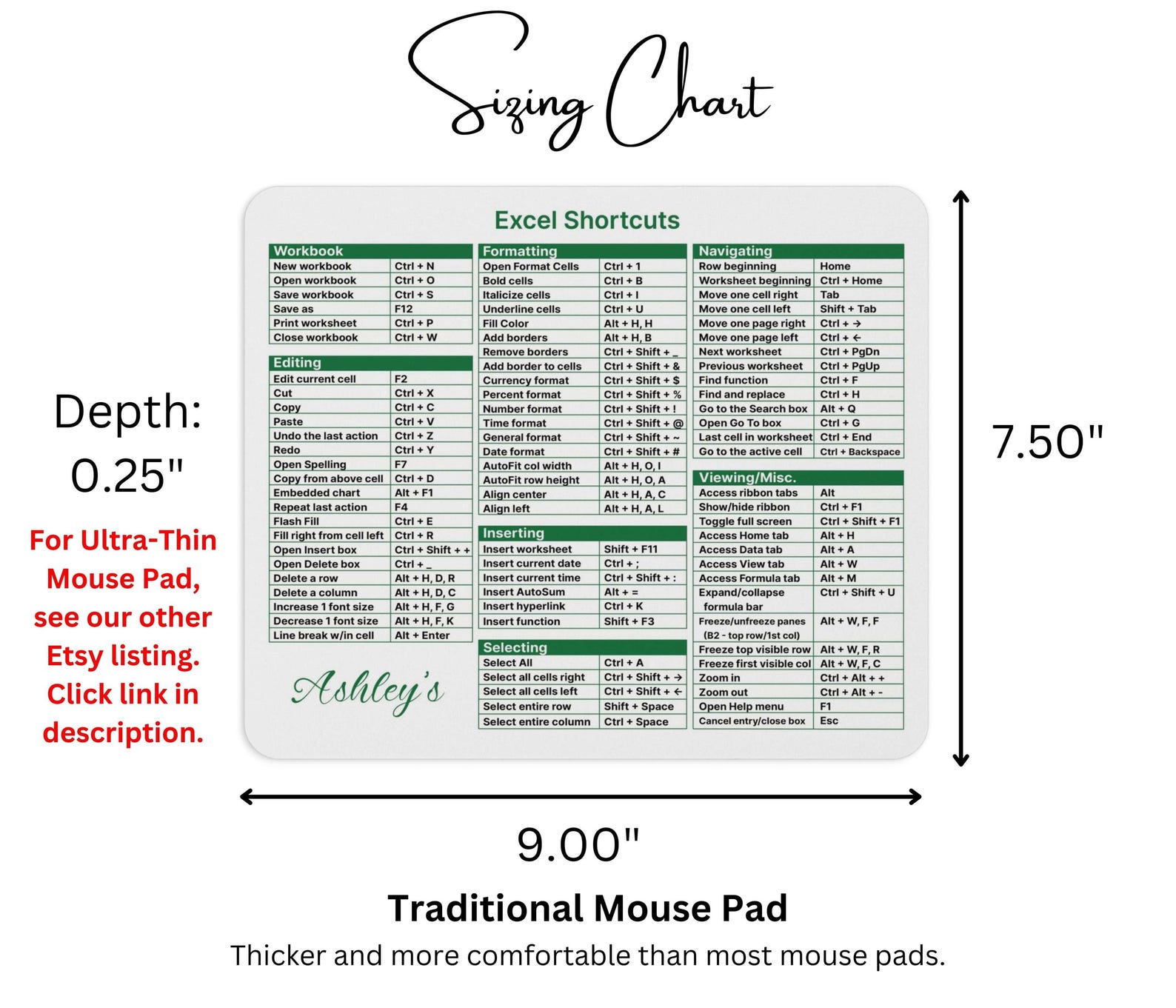Excel Shortcuts Mouse Pad, Personalized Options, Keyboard Shortcuts ...