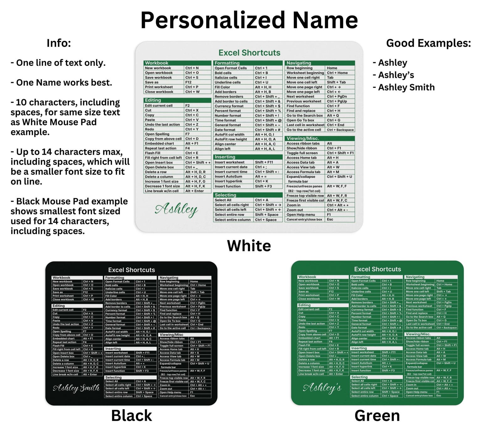 Excel Shortcuts Mouse Pad, Personalized Options, Keyboard Shortcuts ...