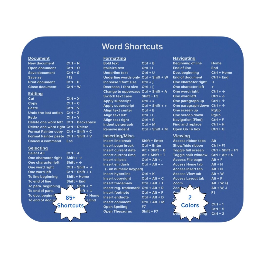 Word Shortcuts Mouse Pad Blue, Keyboard Shortcuts, Office Coworker Gift ...