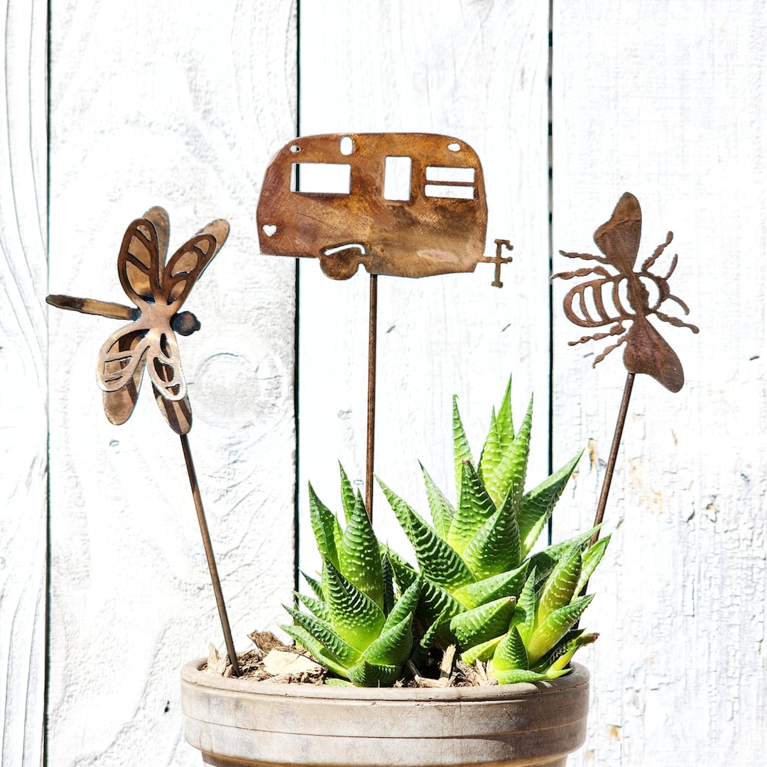 Metal Planter Stake Set Copper Patina Bee Decor for Small Plants Luxury ...