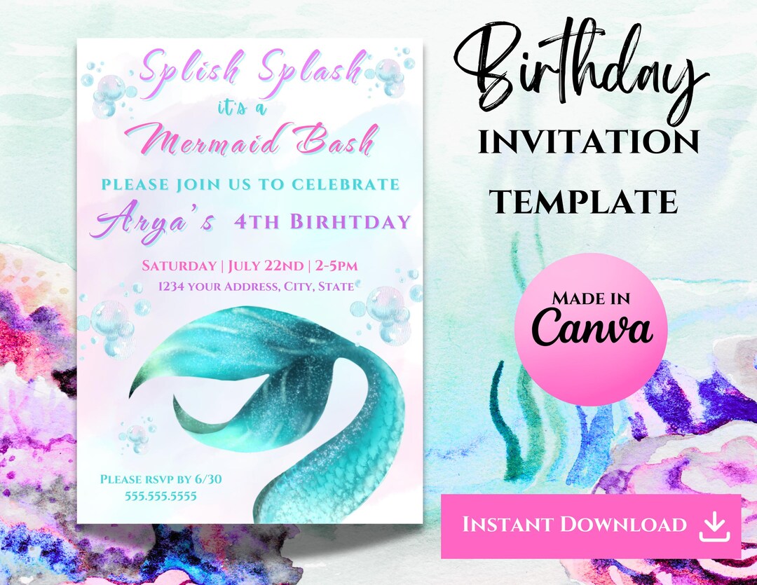 Mermaid Tail Birthday Invitation: Purple Teal Canva Template (digital ...