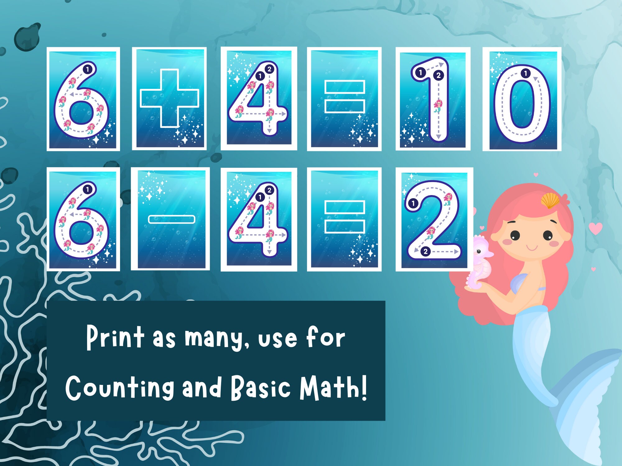 MERMAID Numbers Flashcards for Learning Mathematics With Mermaid Design ...
