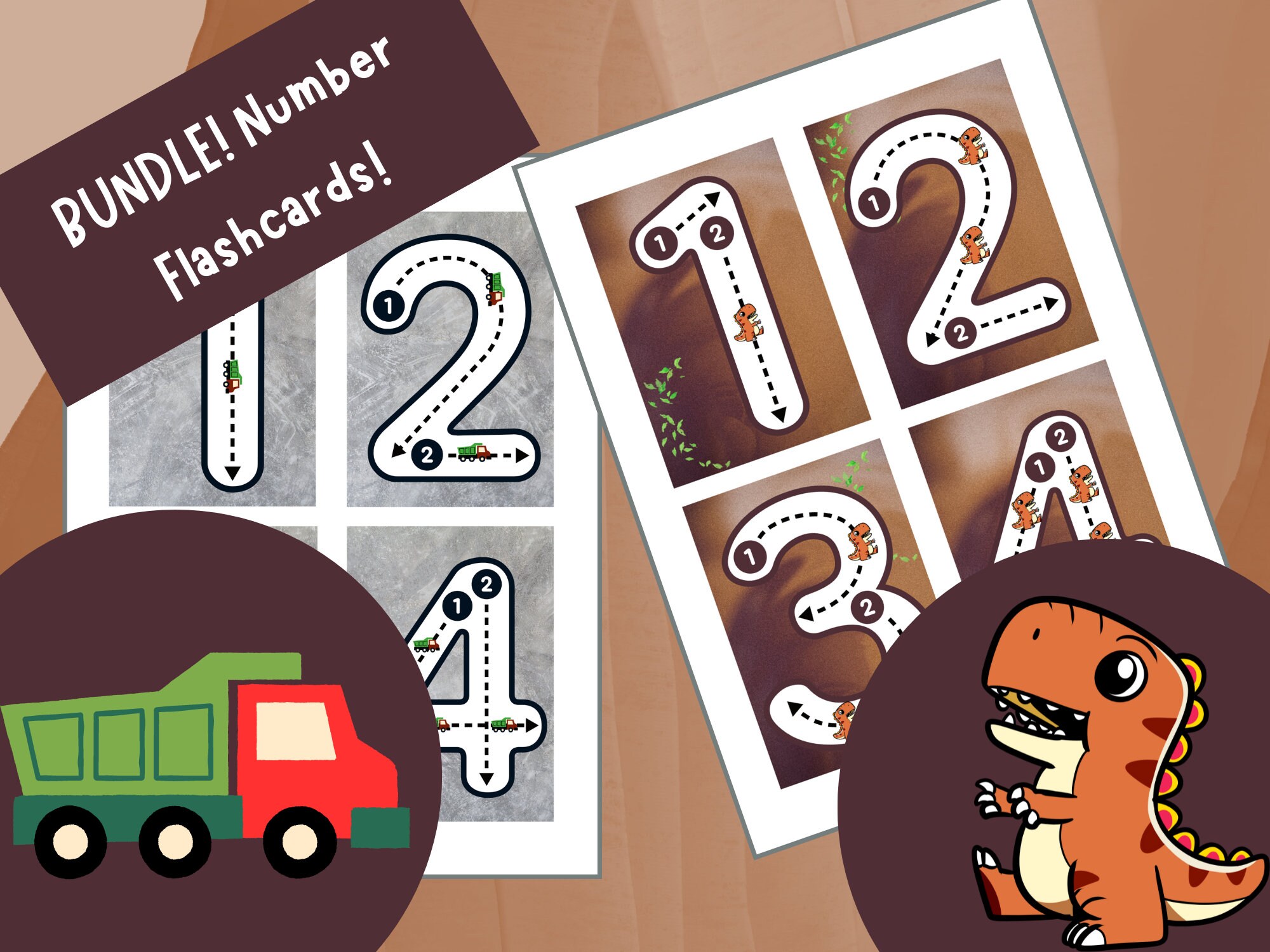 TRUCK and DINOSAUR 0-9 Numbers Flashcards for Learning Mathematics for ...