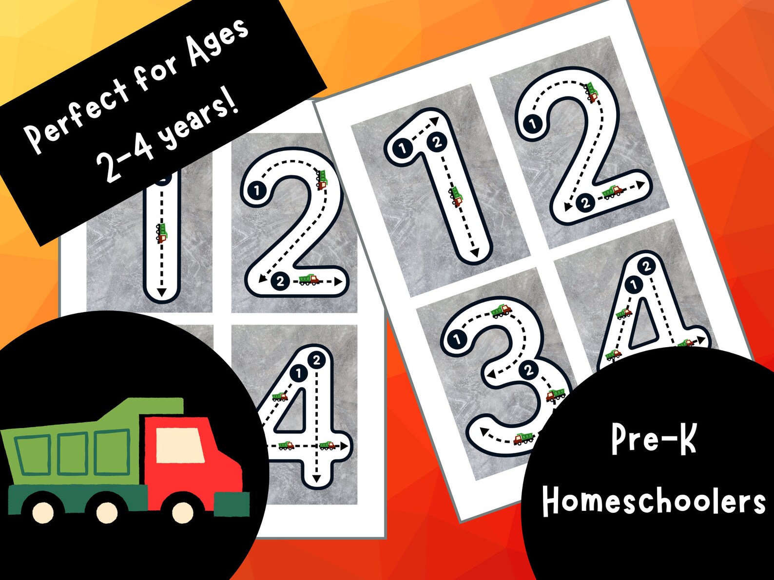 TRUCK and DINOSAUR 0-9 Numbers Flashcards for Learning Mathematics for ...