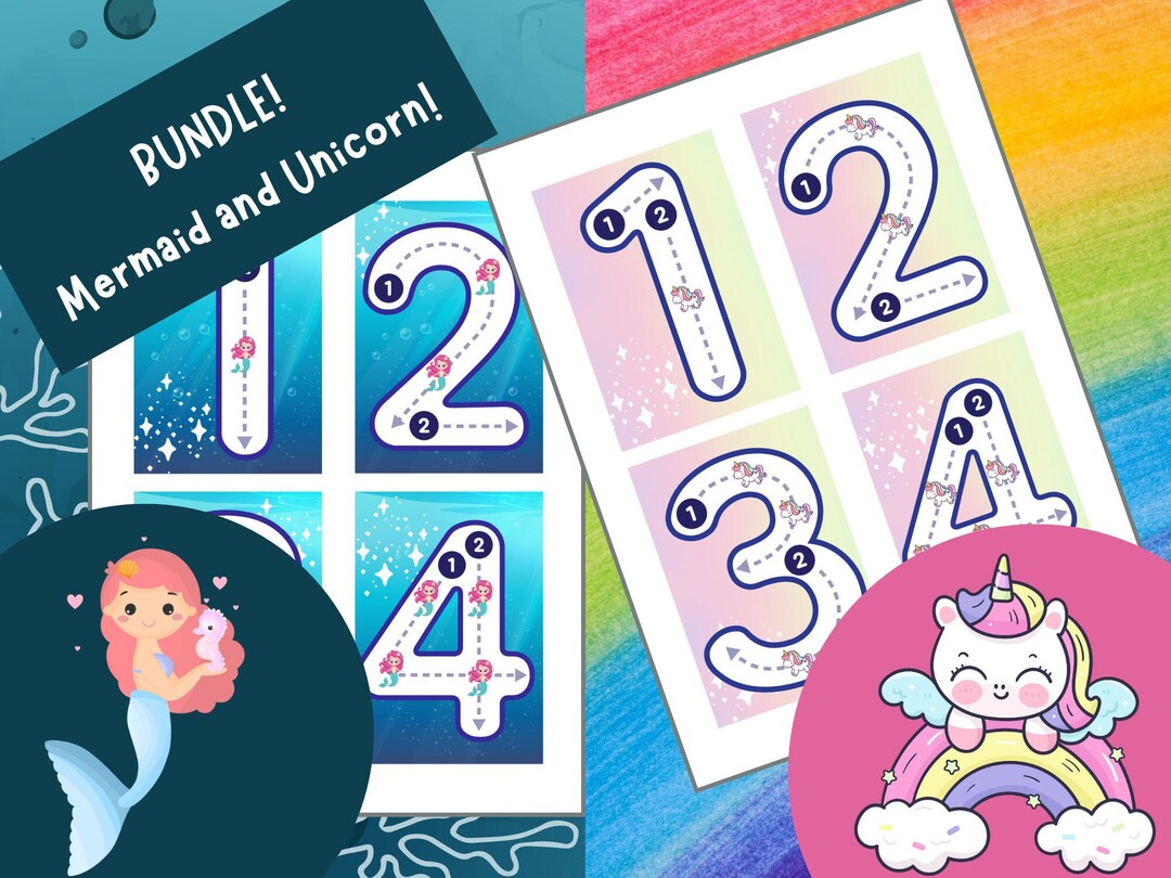Bundle MERMAID and UNICORN Numbers Flashcards for Learning Mathematics ...
