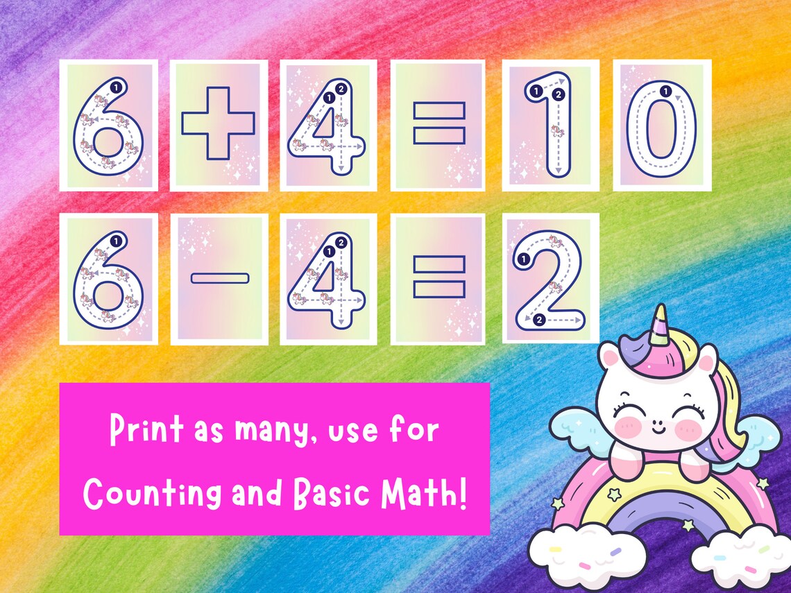 UNICORN Numbers Flashcards for Learning Mathematics With Rainbow Design ...