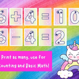 UNICORN Numbers Flashcards for Learning Mathematics With Rainbow Design ...