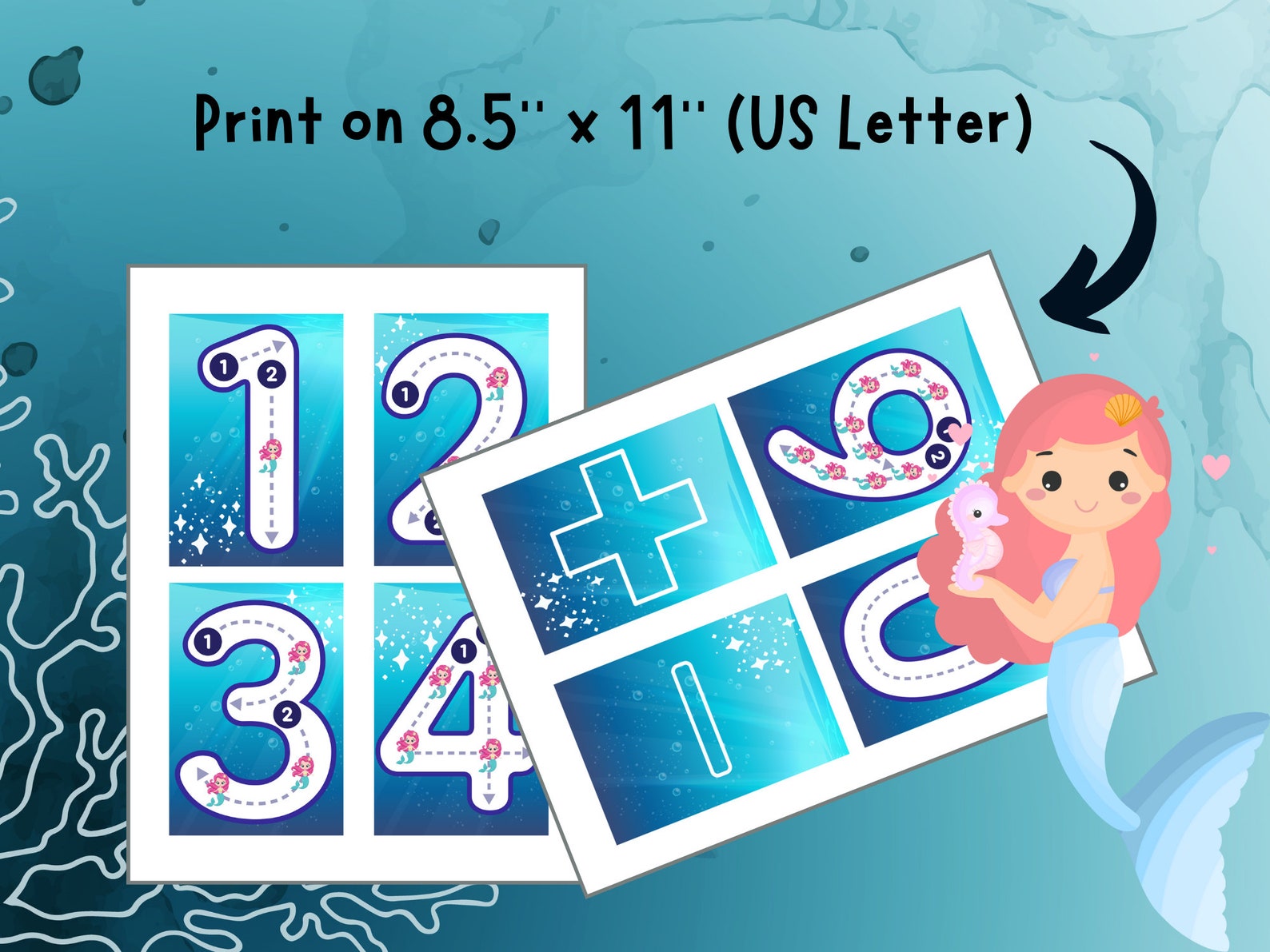 MERMAID Numbers Flashcards for Learning Mathematics With Mermaid Design ...