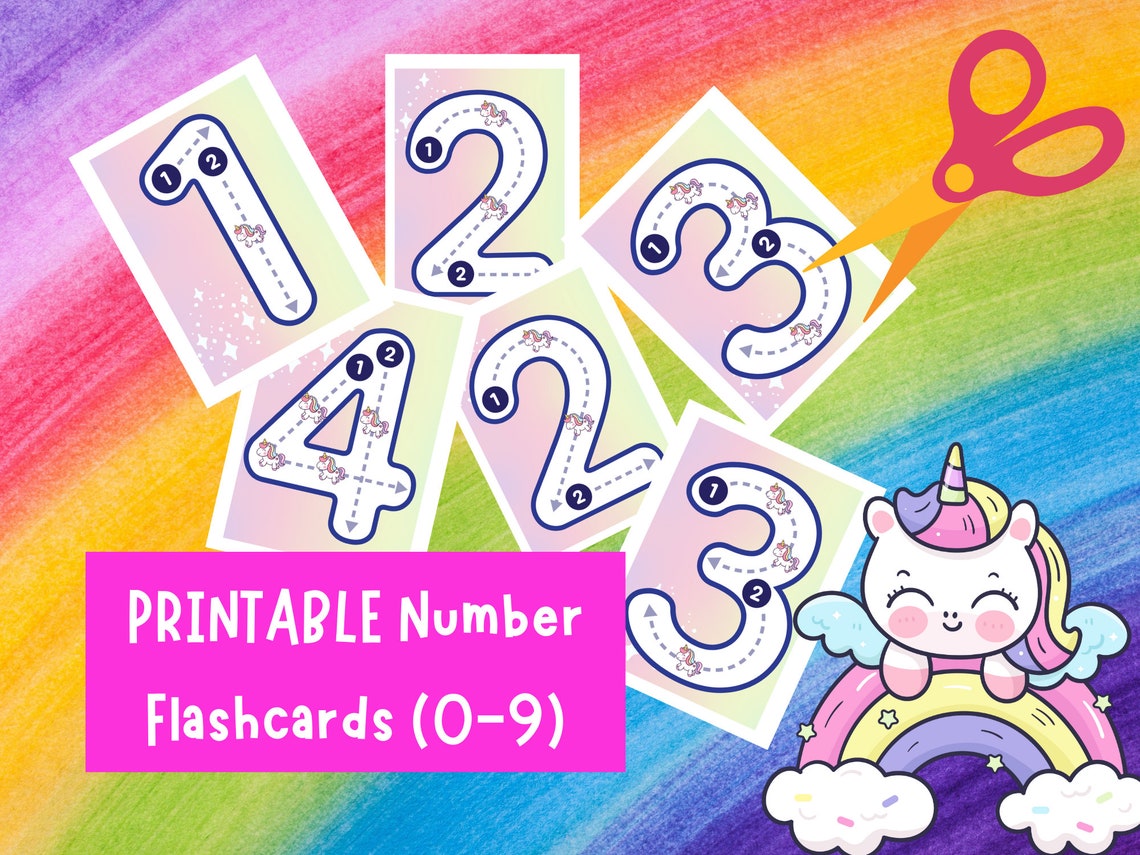 UNICORN Numbers Flashcards for Learning Mathematics With Rainbow Design ...