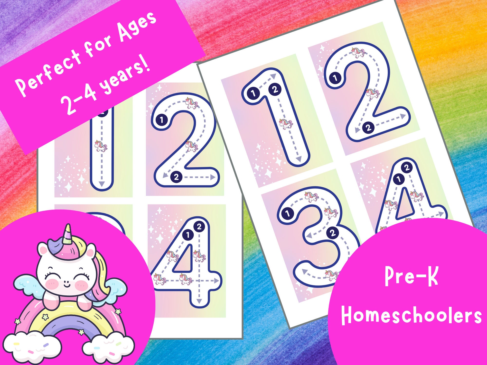 UNICORN Numbers Flashcards for Learning Mathematics With Rainbow Design ...