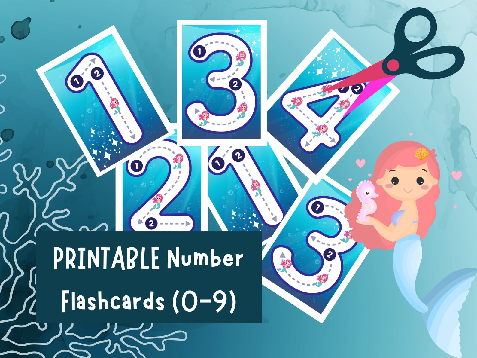 MERMAID Numbers Flashcards for Learning Mathematics With Mermaid Design ...