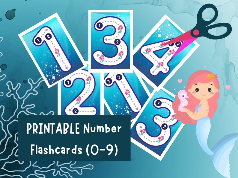 MERMAID Numbers Flashcards for Learning Mathematics With Mermaid Design ...