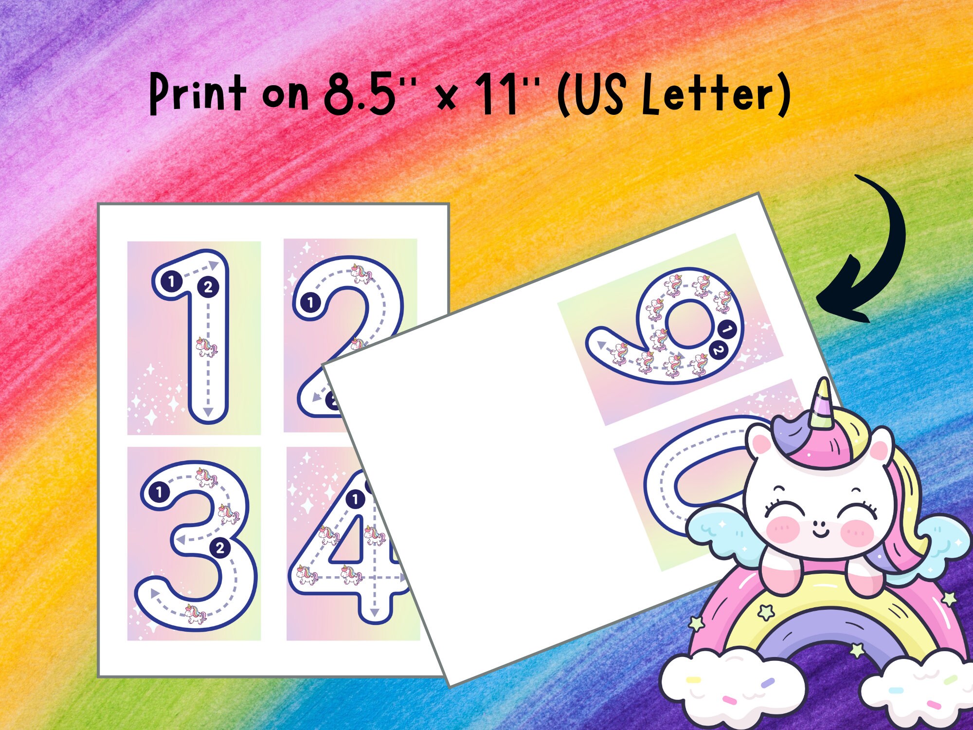 UNICORN Numbers Flashcards for Learning Mathematics With Rainbow Design ...