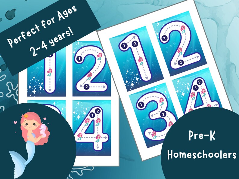 MERMAID Numbers Flashcards for Learning Mathematics With Mermaid Design ...