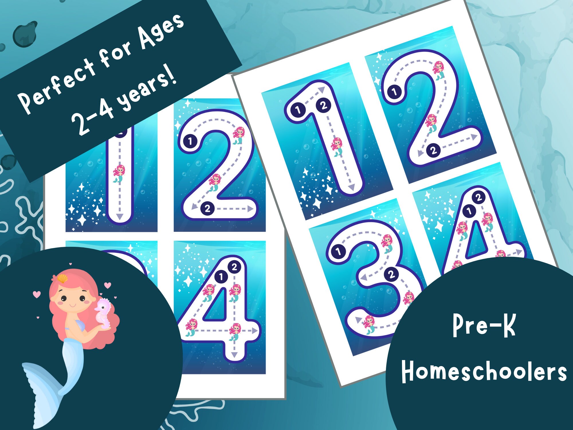 MERMAID Numbers Flashcards for Learning Mathematics With Mermaid Design ...