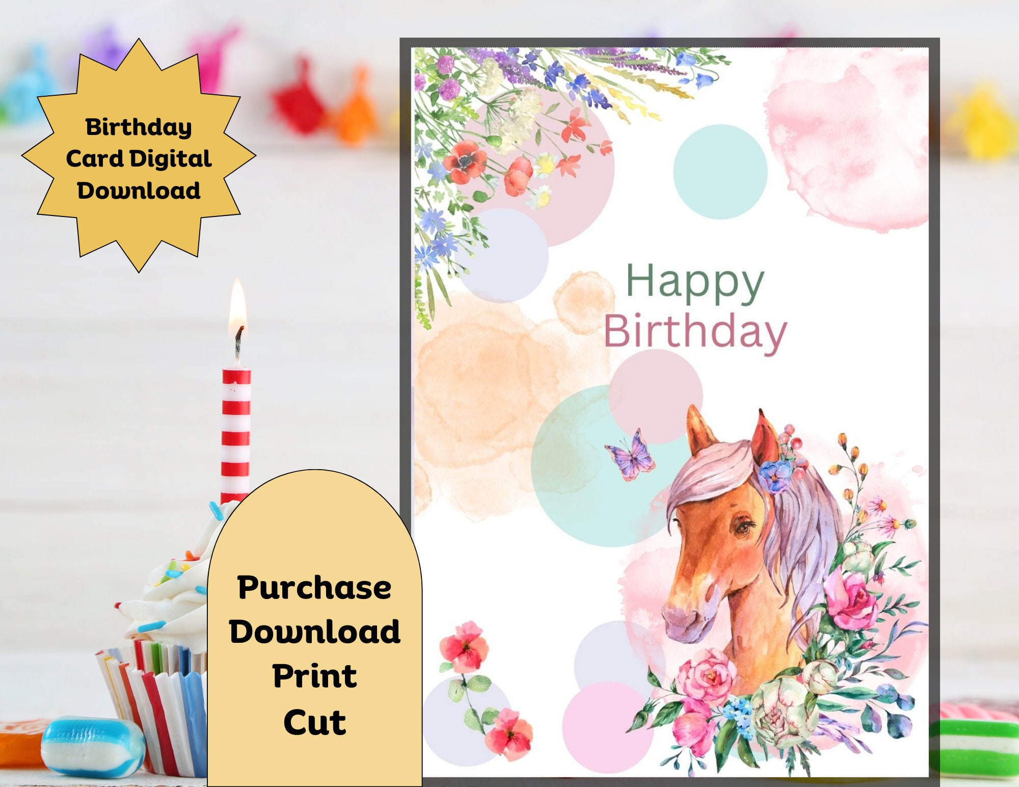 Printable Birthday Card, Horse Birthday Card, Digital, Birthday Card ...